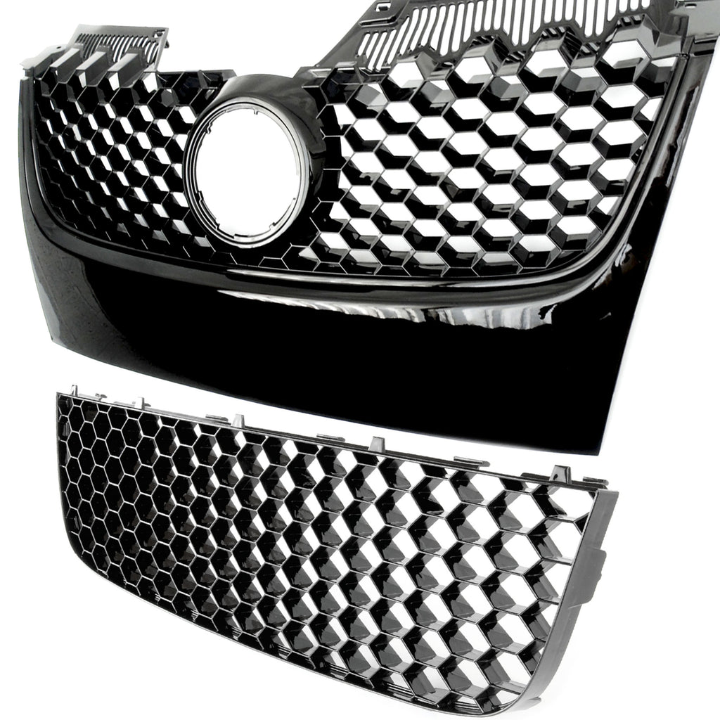 All Gloss Black GTI Honeycomb Front Grilles Upper and Lower Kit for VW ...