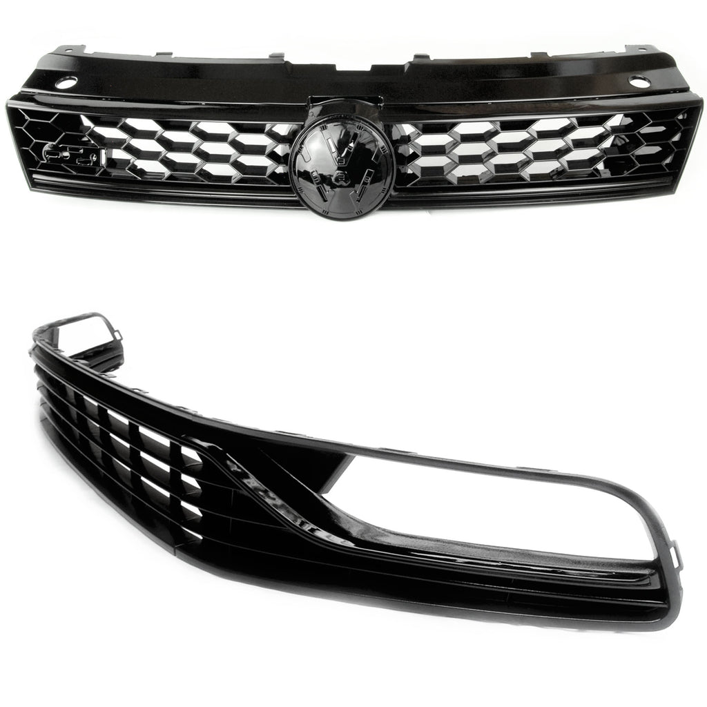 All Gloss Black VW Polo 6R 6C Honeycomb Top Grille & Lower Grilles Fog ...